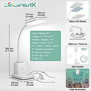GOLSPARK Desk Lamp with Wireless Charger, Eye-Caring LED Desk Lamps for Home Office, Touch White Small Desk Light Dimming 3 Colors, 800LM, Gooseneck Study Lamp with Pen Holder for College Dorm Room