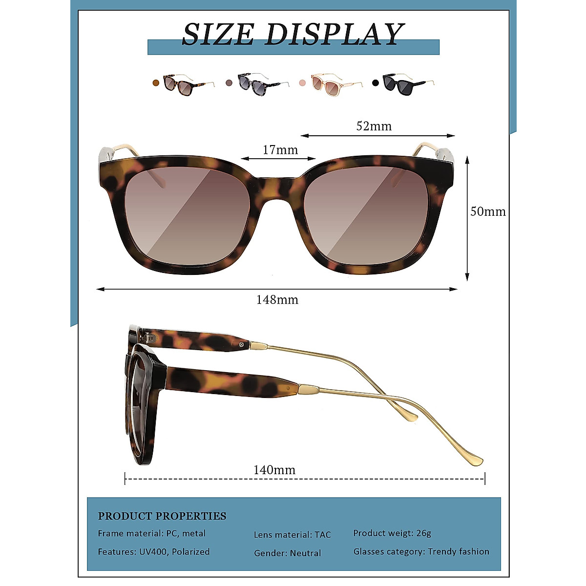 Xuhal 4 Pairs Polarized Sunglasses for Women Men Classic Square Trendy Sunglasses for Women Boys Girls UV Protection Lens Sunnies Vintage Eyewear Retro Trendy Shades Sun Glasses, 4 Styles