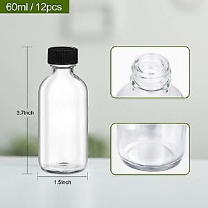 Cibeat 12 pack 2 oz Clear Glass Boston Bottle With Black Poly Cap, Funnel, Chalk Labels, Pen Dispensing Bottles for Homemade Vanilla Extract, Essential Oils, Herbal Medicine, Wedding Christmas Decor