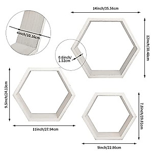 White Hexagon Floating Wall Shelves, Set of 3 Wall Mounted Honeycomb Shelves, Floating Wall Hanging Shelf, Wooden Bedroom Bathroom Shelves Farmhouse Decor for Living Room, Bedroom, Kitchen, Office