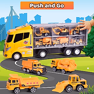 12 in 1 Construction Truck Toys Set for Toddlers, Carrier Truck with 12 Mini Cars for Kids,Transport Trucks Toy with Light and Sound,Christmas Birthday Cars Toy Gift for Boys Age 3-7
