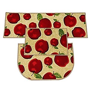 Wolala Home 3 Piece Sets Rubber Backing Non-Slip Red Apple Kitchen Rug and Carpet Machine Washable D-Shape Doormat Bathroom Foot Pads Thin (3pcs Sets, Multi)
