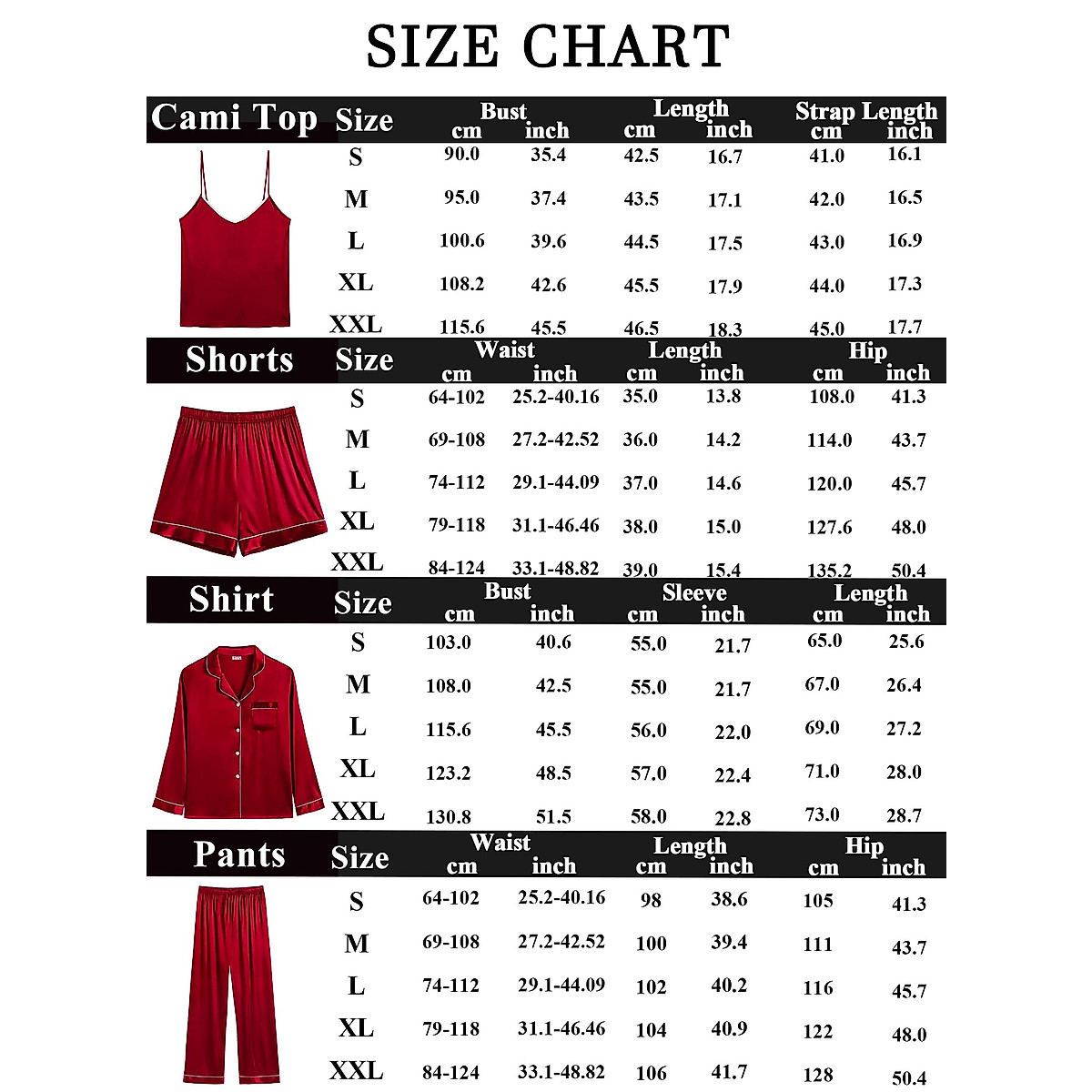 SWOMOG Womens 4pcs Pajamas Sets Silk Satin Pjs Sexy Cami Shorts Set Button Down Long Sleeve Sleepwear Loungewear, Red Medium