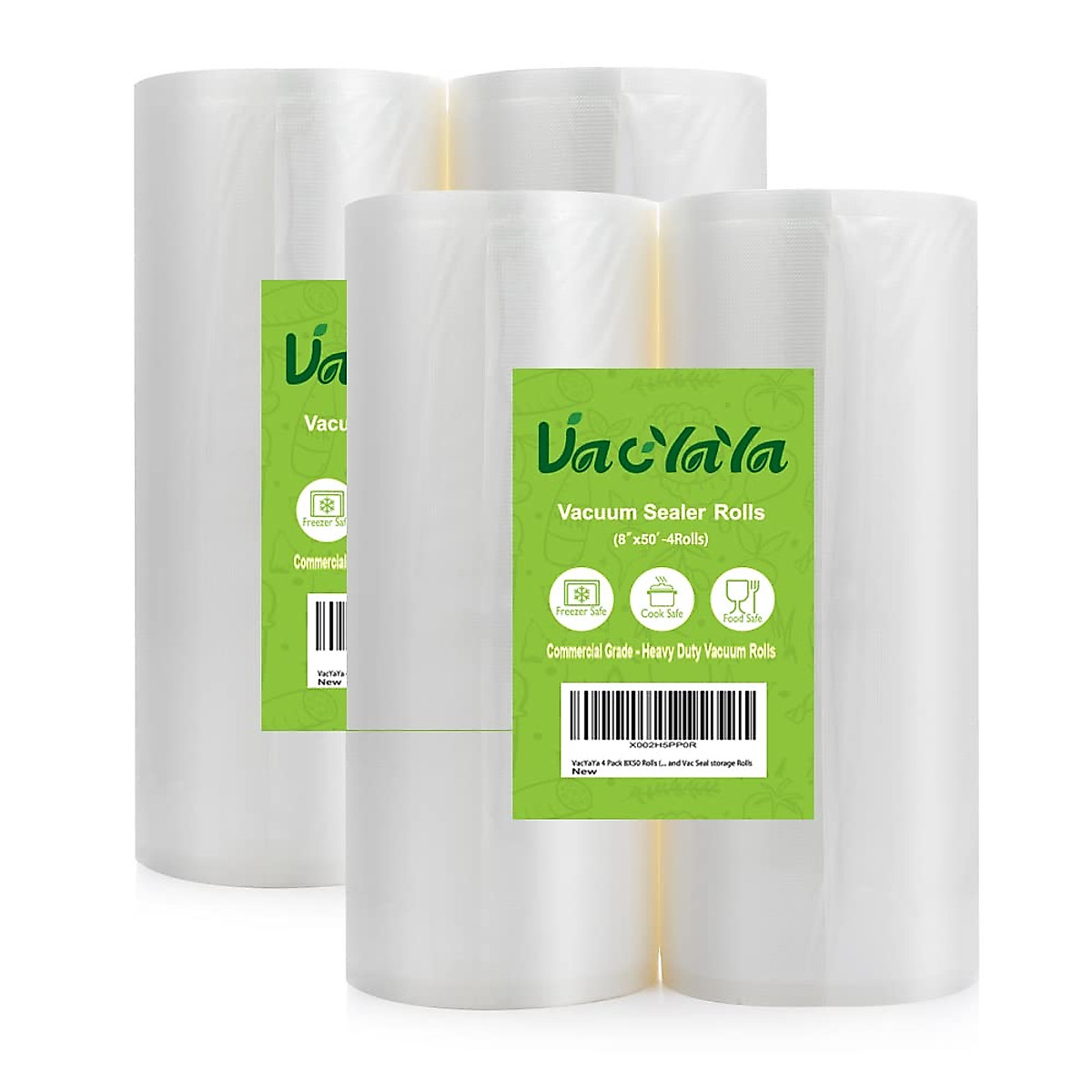 VacYaYa 4 Pack 8X50 Rolls (Total 200 feet) Vacuum Sealer Bags Rolls with BPA Free,Heavy Duty,Great for Sous Vide and Vac Seal storage Rolls
