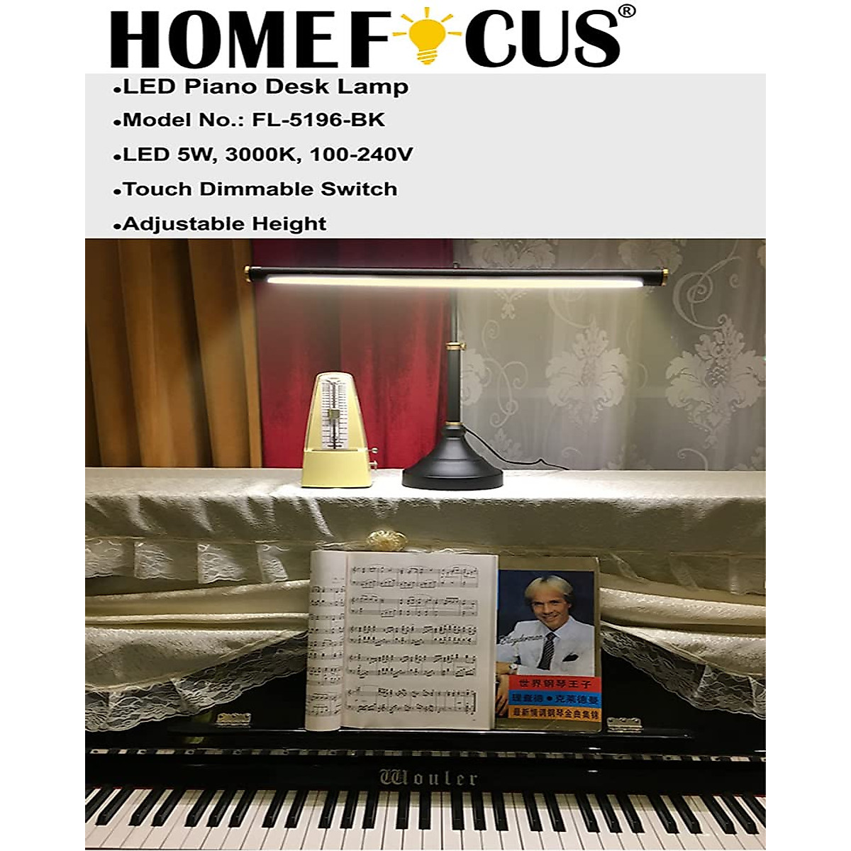 HomeFocus - LED Piano Desk Lamp with Touch Dimmer,Piano Lamp,Desk Lamp,Reading Lamp for Home Office,Adjustable Height,Multi-Functional,LED 5W,3000K,Metal,Black+Bronze,