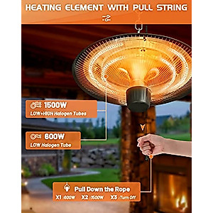 PIAOMTIEE Electric Patio Heater, Waterproof Hanging Patio Heater, Infrared Porch Heater Ceiling Hanging Heaters for Indoor Outdoor Use, Black Balcony Heater with 2 Adjustable Modes 600W/1500W