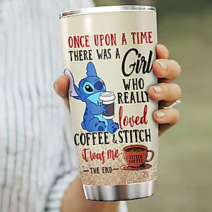 XXME Blue Alien 20 Oz Tumbler With Lid, Once Upon A Time There Was Girl Who Really Loved Cartoon Character Insulated Coffee Travel Tumbler, Gifts For Lovers, Birthday Daughter Son, Beige 1