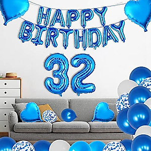yujiaonly 32ND Birthday Party Decorations Blue Happy Birthday Foil Balloons Blue Number 32 Happy birthday Sash Cake Topper Latex and Confetti Balloons original garland Banner Number 32 (762917940014)