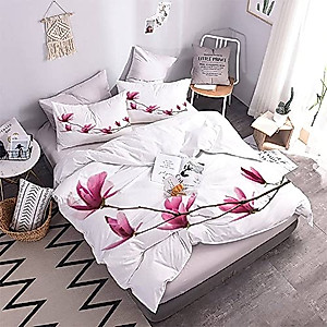 Quilt Cover Twin Size Pink Flower 3D Bedding Sets Magnolia Duvet Cover Breathable Hypoallergenic Stain Wrinkle Resistant Microfiber with Zipper Closure,beding Set with 2 Pillowcase