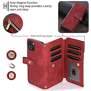UEEBAI Crossbody Wallet Case for iPhone 13/iPhone 14 6.1 inch, 9 Card Slots Adjustable Crossbody Zipper Cover Detachable Lanyard Strap Flip Case with Hand Strap Kickstand Case - Red Wine