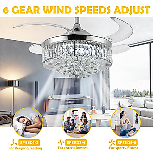 Panghuhu88 36" Invisible Ceiling Fan Chandelier Light,Modern Crystal Ceiling Fan Light Remote Control 4 Retractable ABS Blades for Bedroom Living Room Dining Room Decoration (Silver)