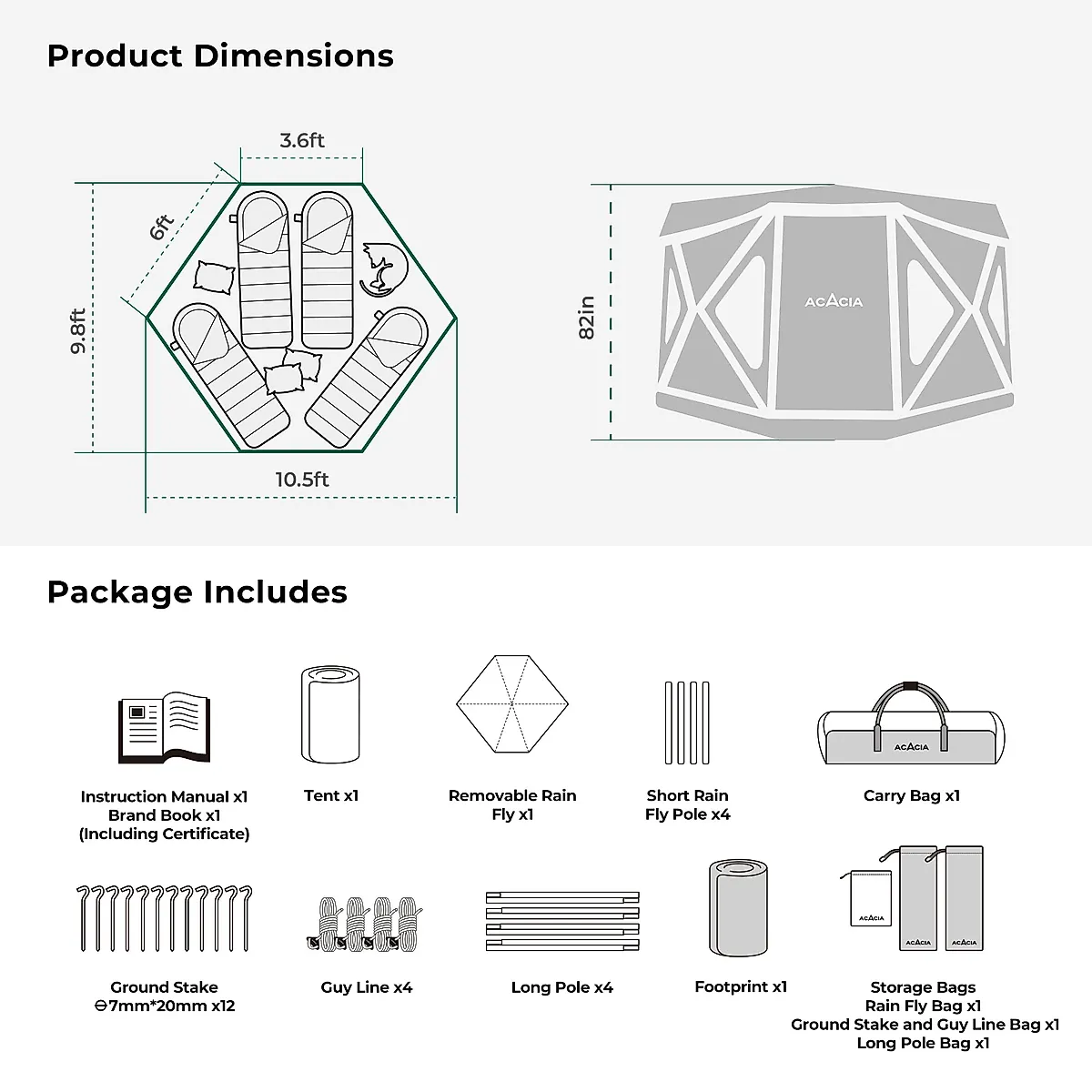 ACACIA Space Camping Tent XL, 4-6 Person Large Family Tent with 6'10'' Height, 2 Doors, 8 Windows, Waterproof Pop Up Easy Setup Hub Tent with Rainfly, Footprint for Car Camping, Glamping, Sunrise