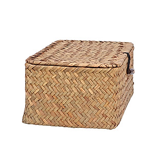 LAVEN Woven Rectangular Basket Bins, Simple Seagrass Storage Basket with Lid for Office (M)