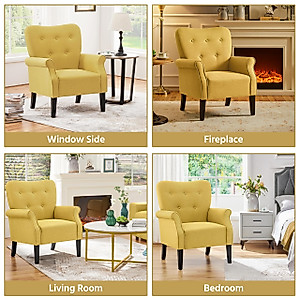 Yaheetech Modern Armchair, Mid Century Accent chair with Sturdy Wood Legs and High Back for Small Space, Upholstered Fabric Sofa Club Chair for Living Room/Bedroom/Office, Set of 2, Yellow