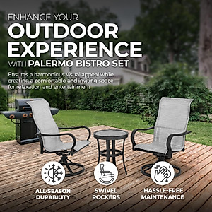 Four Seasons Courtyard Palermo 3 Piece Aluminum Bistro Furniture Set with Swivel Rockers and Drop in Tile Table for Outdoor Backyard Lawns and Patios