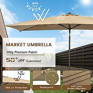 MONDAWE Outdoor Solar LED Patio Umbrella 10 x 6.5 FT Rectangular Market Umbrella with Lights， Tilt and Crank Aluminum Commercial Table Umbrella for Pool Backyard Balcony