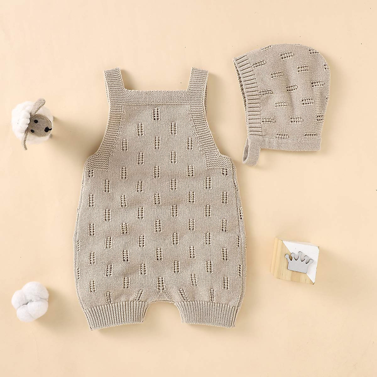 LAWKUL Baby Knit Romper Sleeveless 100% Cotton Jumpsuit with Hat Newborn Outfits Overall Bodysuit One Piece 2pcs Beige 0-6M