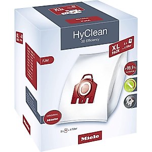 Miele Original AirClean 3D Efficiency FJM XL-Pack Vacuum Cleaner Bags, Containing 8 Bags and 4 Filters, for Miele Compact C2, Compact C1, Complete C1, S6 and S4 vacuum cleaners