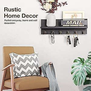 rorecay Key and Mail Holder for Wall: Easy Install Rustic Key Hooks for Wall with Measured Template, Wooden Key Rack with Metal Mail Slot for House Entryway Decor, Black