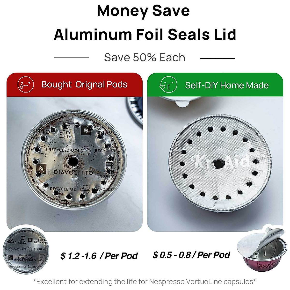 KreAid 200 Pack Aluminum Foils Lids Compatible with Nespresso VertuoLine Capsules to Reuse Vertuoline Coffee Pods Cover Seals Refillable Pods Reusable Foil Lids