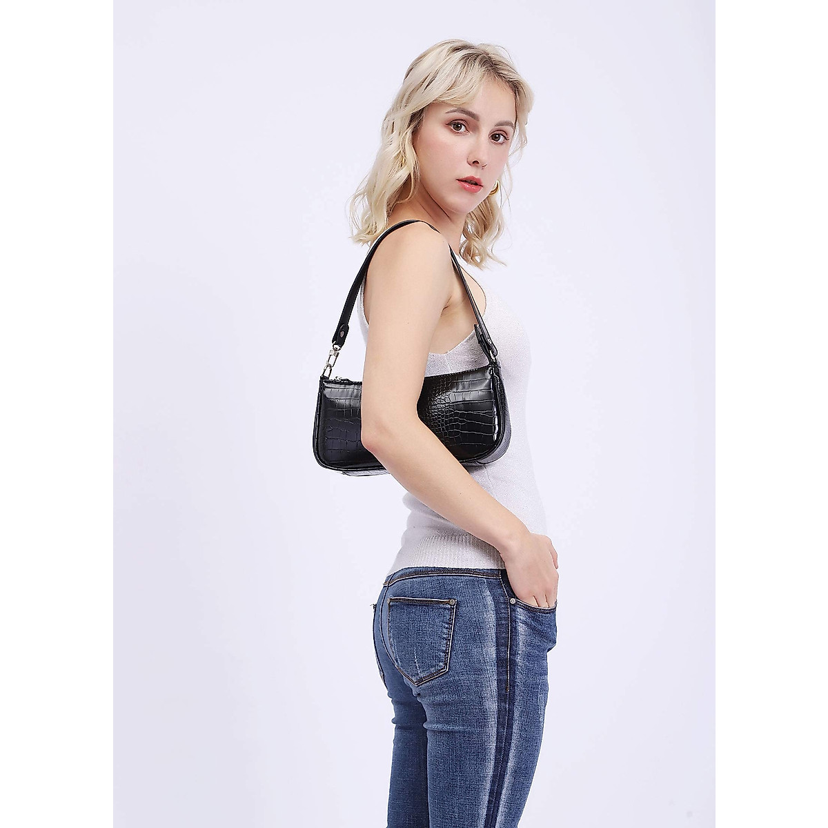 Small Shoulder Bags for Women Mini Handbags with Croc Pattern (Black with Leather Strap)