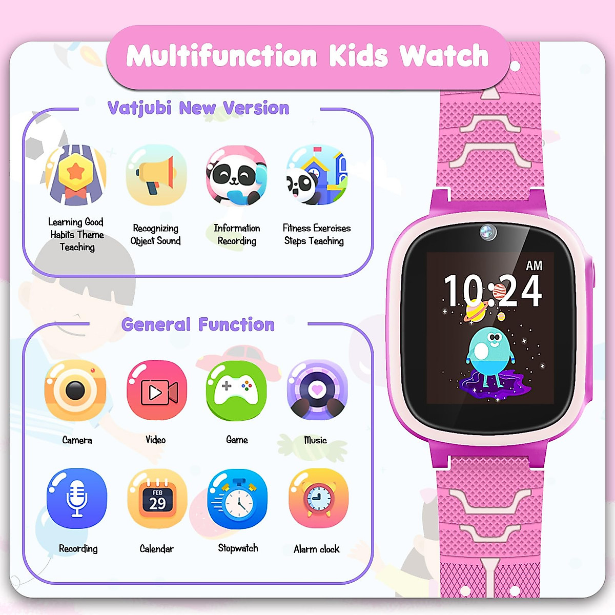 Luoba Kids Smart Watch Girls, Toys for 3-10 Year Old Girls Boys, 1.44 in Touchscreen with 20 Puzzle Games Camera Alarm Video Music Player, Toddler Birthday Gift Pink