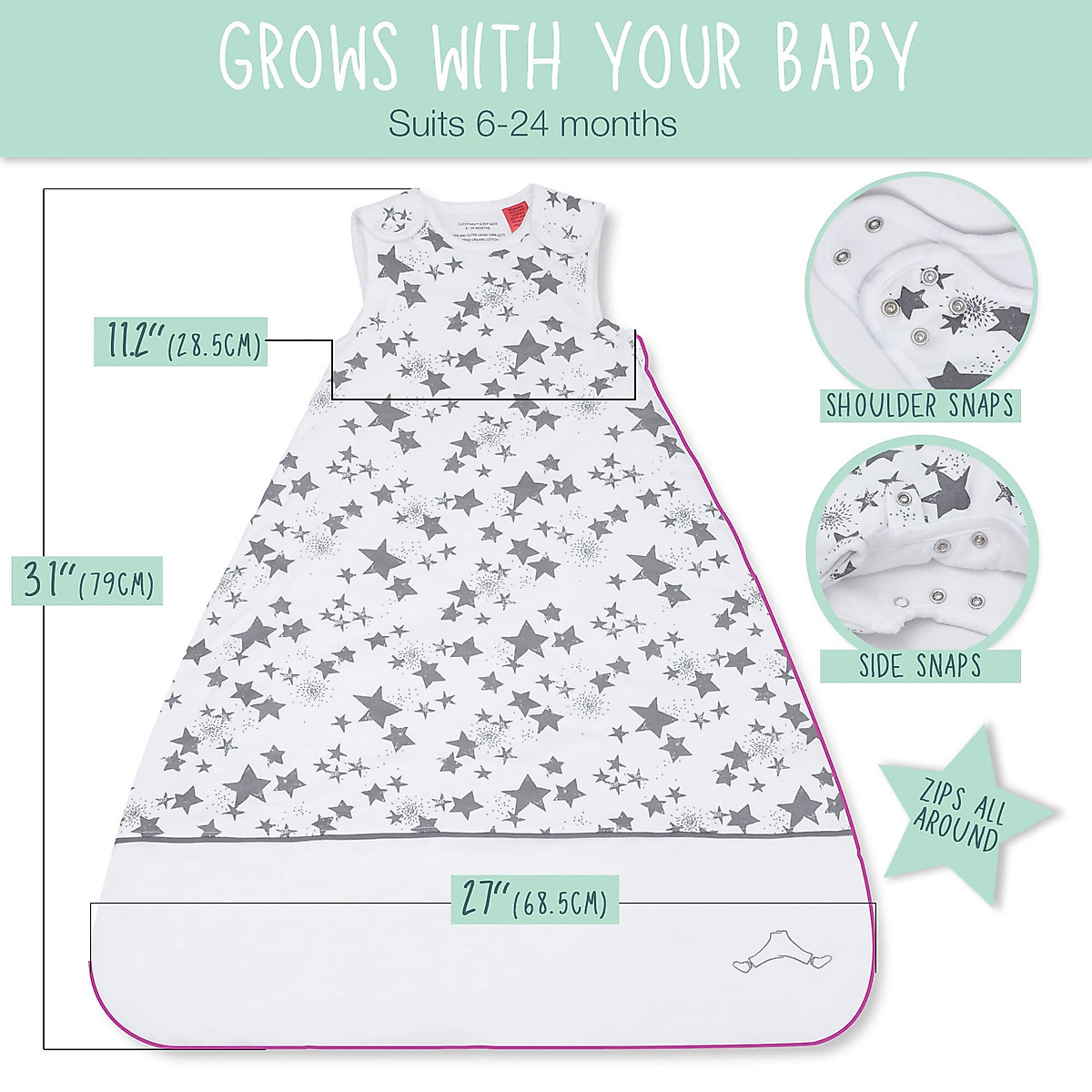 Baby Sleeping Sack, Organic Cotton, for 6-24 Months, Swaddle Transition Sleeping Bag, 2-Way Zipper, Warm - Soft Baby Wearable Blanket