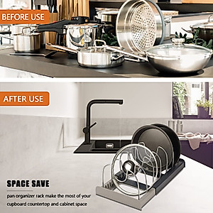 Expandable Pot Pan Lid Organizer Rack Holder with 7 Adjustable Dividers Stainless Steel Storage Rack Kitchen Organizer Holder Cabinet Countertop Pan Lid Holder with 2 Hooks