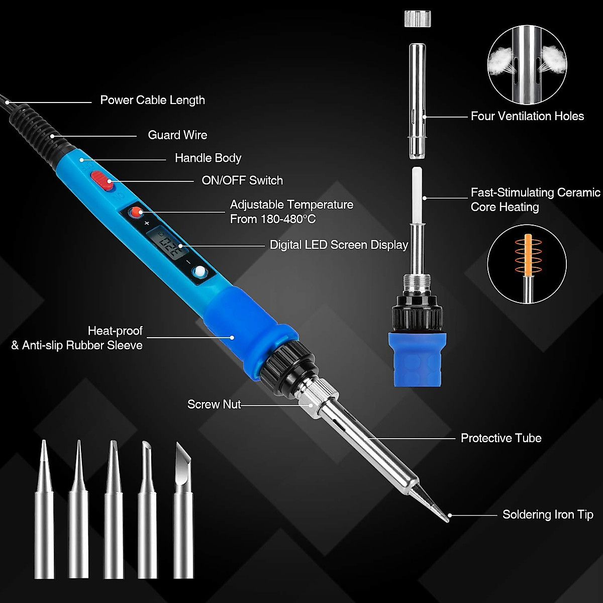 LCD Digital Soldering Welding Iron Kit with Ceramic Heater,5pcs Tips, Stand, Solder Tube, Sponge for Metal, Jewelry, Electric, DIY, Portable, 80W 110V