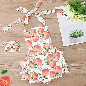 Eunikroko Peach First Birthday Outfit with Headband Baby Girls Sleeveless Ruffle Romper Backless Jumpsuit Summer Outfits Clothes 12-18 Months
