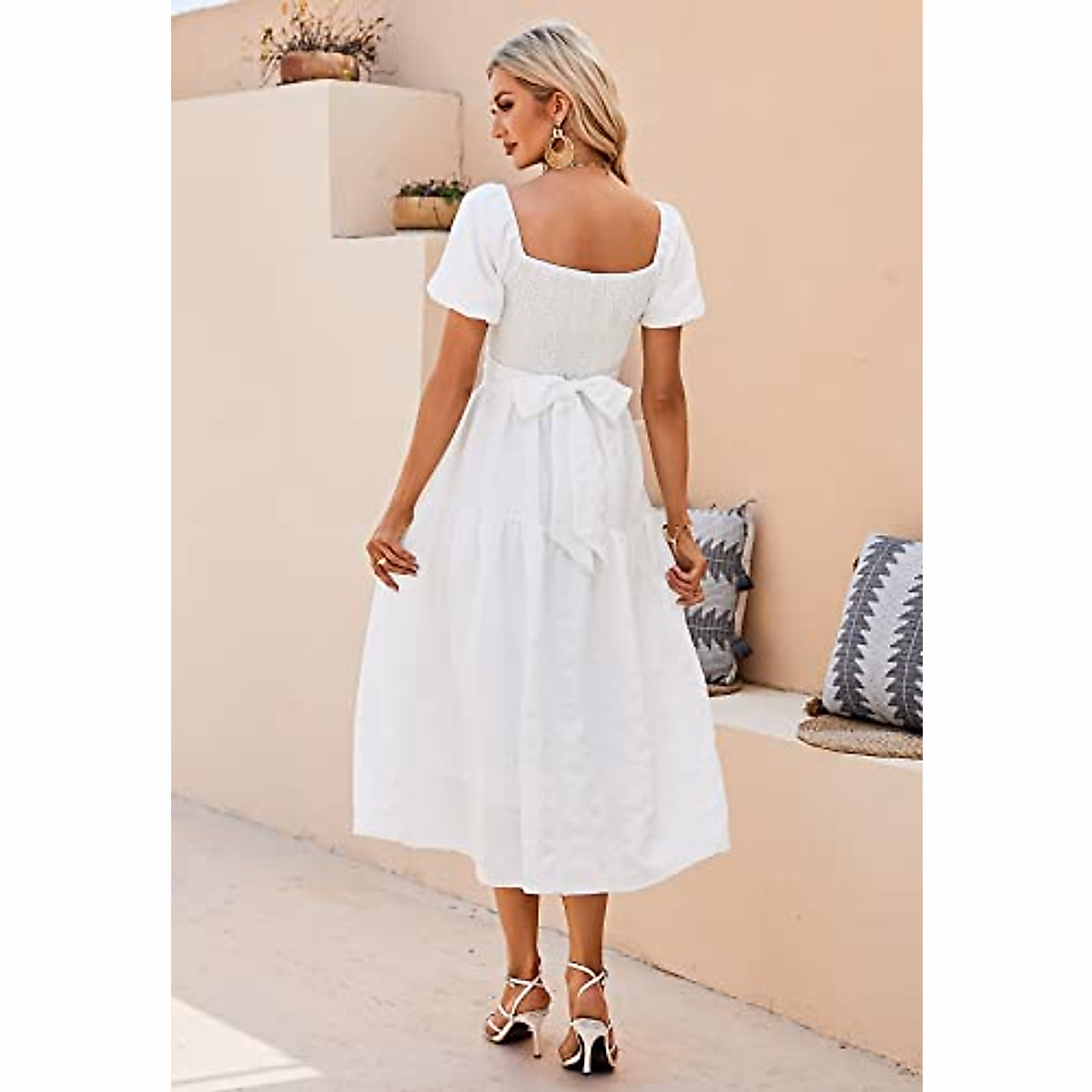 ANNA&CHRIS Womens Summer Puff Sleeve Midi Dress A Line V Neck High Waist Tie Back Smocked Tiered Boho Wrap Dresses White L