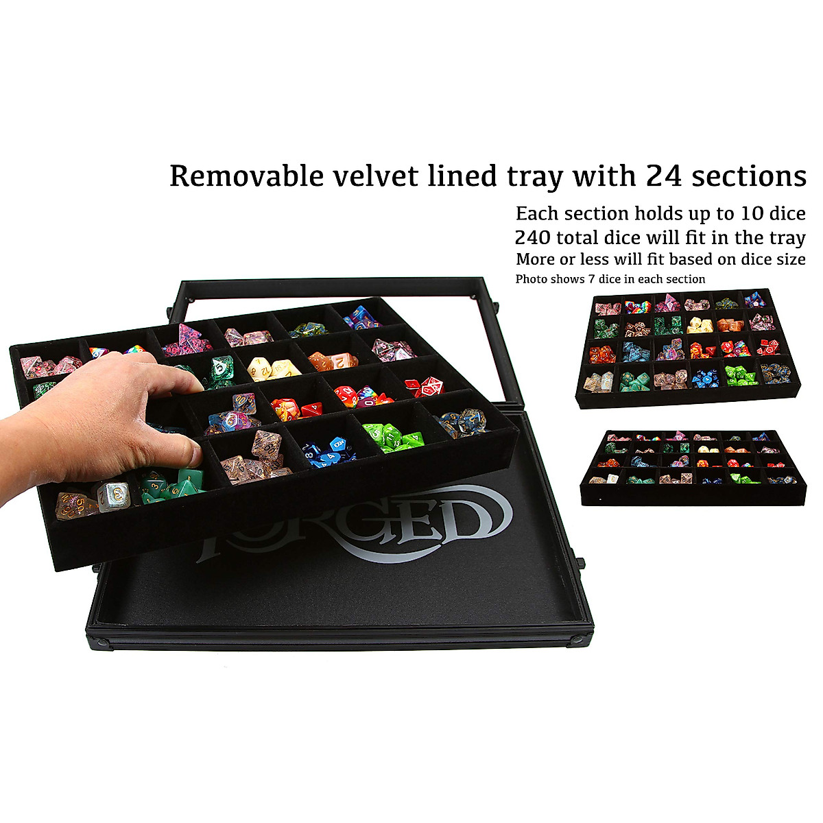 Forged Dice Co. Dice Display Case and Rolling Tray with Removable Divided Dice Tray - Storage Box Holds up to 240 Metal or Plastic Polyhedral Dice Sets - Great for Dice Collectors or RPG D&D Games