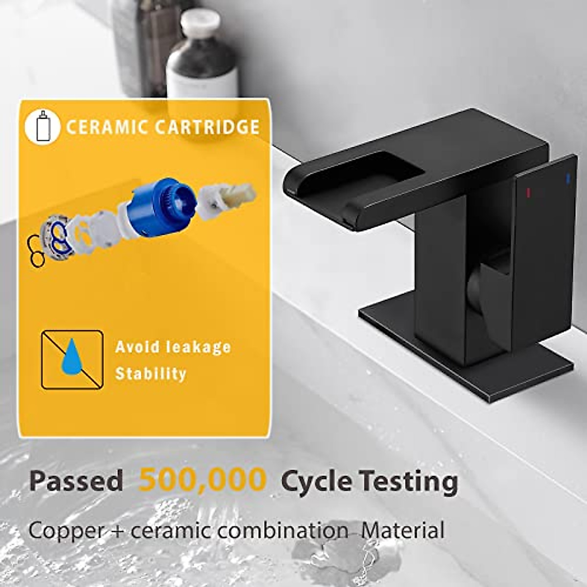 BESy LED Stainless Steel Waterfall Black Bathroom Faucet, Single Hole Bathroom Sink Faucet, 3 Colors Light Changing Single Handle Vanity Faucets with Supply Lines, Rv One Hole Faucet, Matte Black