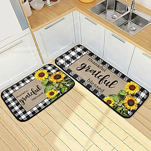 DOMIKING Sunflower Kitchen Rugs Non-Slip Fall Kitchen Mat for Floor Farmhouse Kitchen Decor Accessories 2 PCS Buffalo Plaid Comfort Foam Rug Doormats Standing Mat