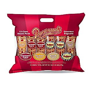 Popcornopolis Gourmet Popcorn Snacks, 12 Cone Variety Snack Packs (Gift Cone), Perfect Party Favors, Zebra Popcorn, Cheddar Cheese Popcorn, Caramel Popcorn & Kettle Corn Popcorn