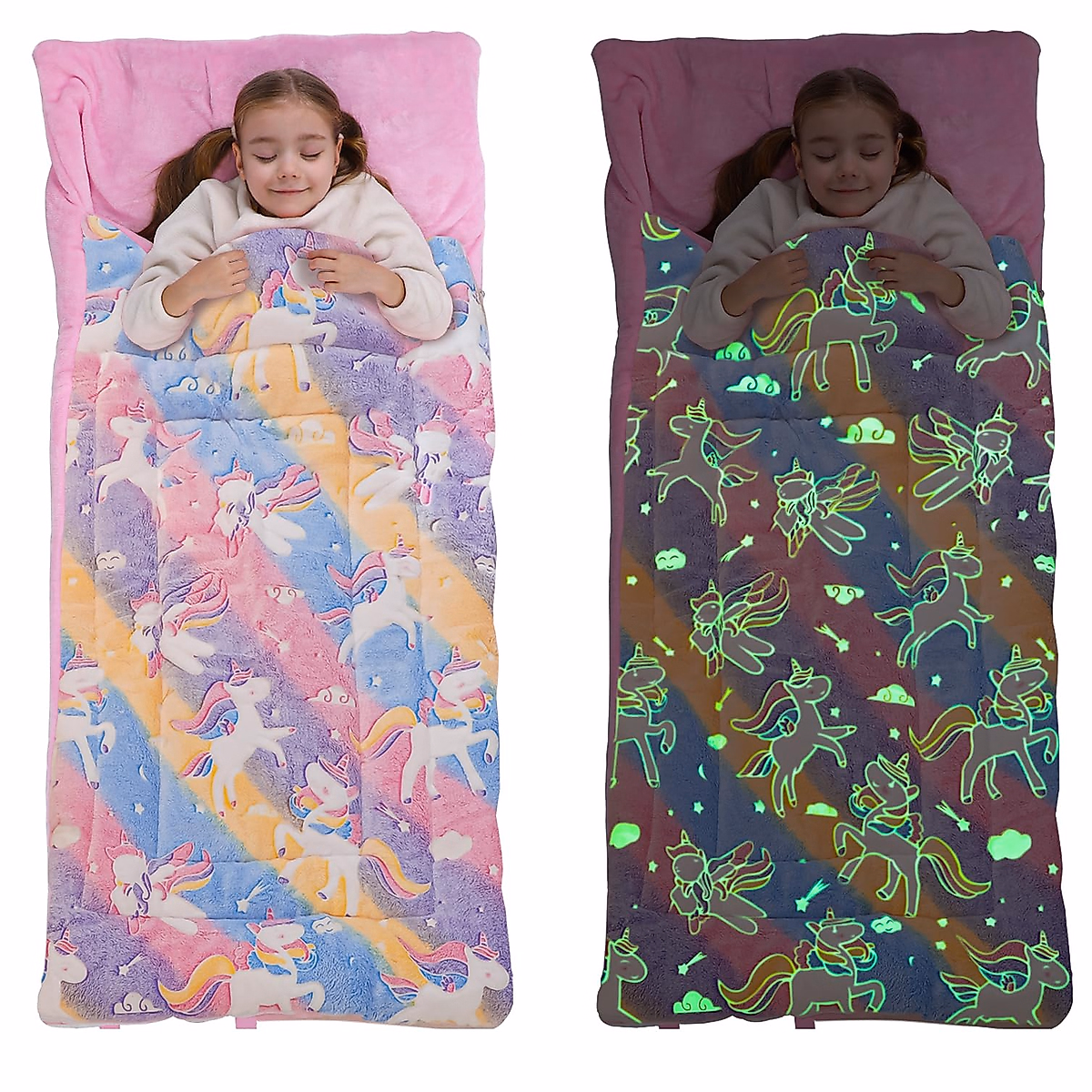 Sleeping Bag for Kids with Pillow Pocket, Toddler Nap Mat 63" x 30" Toddler Slumber Bag Glow in The Dark Blanket Fluffy with Padded Mat for Boys, Girls, Daycare, Preschool, Sleepover, Rainbow Unicorn