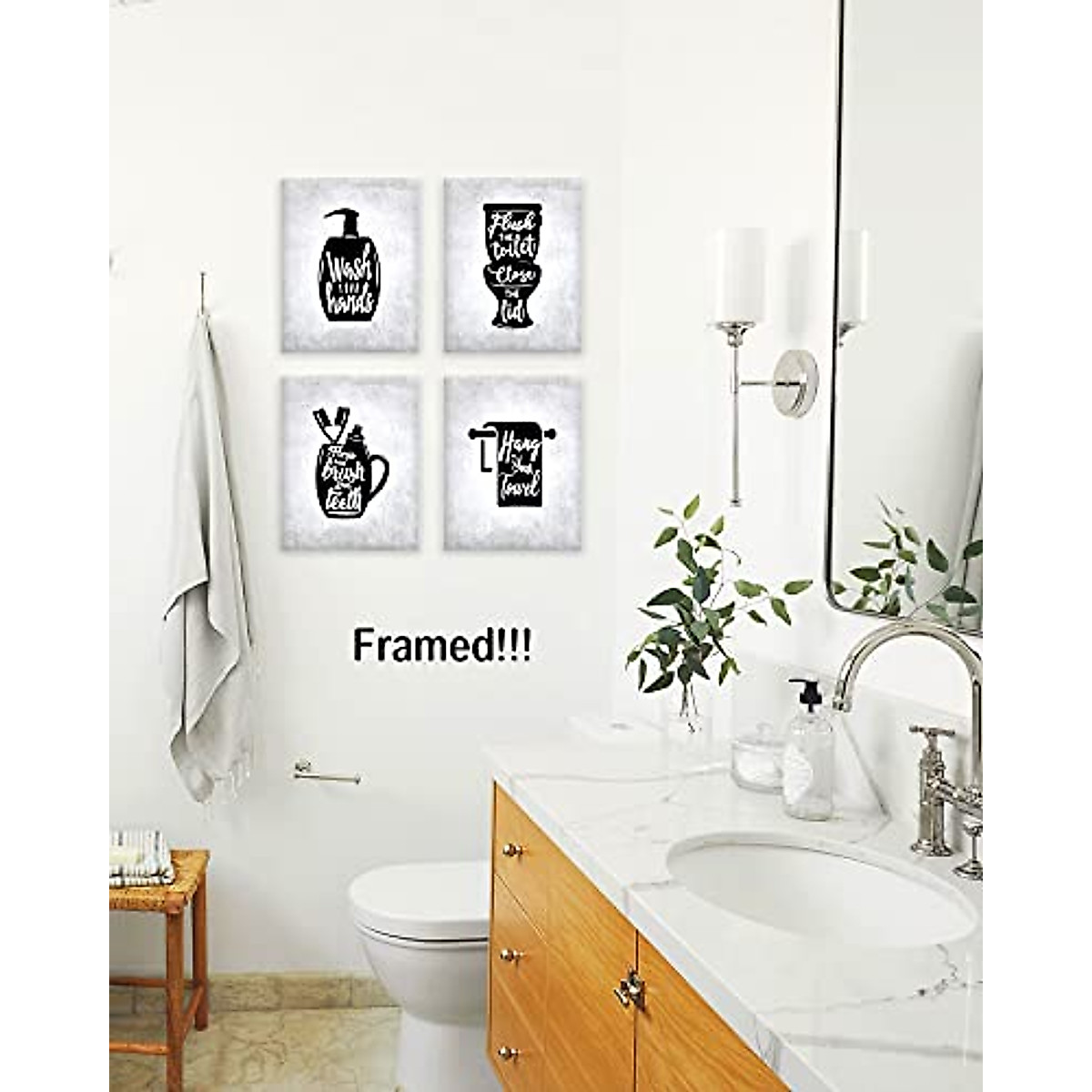Bathroom Wall Decor | Canvas Wall Art with Wooden Frames | Funny Toilet Signs Quotes Wall Decor | Small Bathroom Pictures for Wall | Set of 4 | 8x10 inch(Framed)