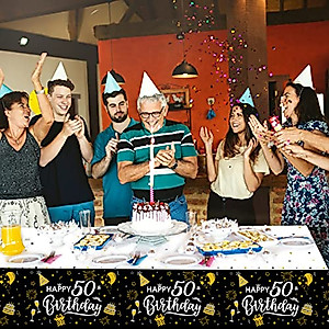 50th Birthday Decorations, 1pcs Black and Gold Happy Birthday Tablecloth for Men Women, Plastic Disposable Rectangle Table Cover for Birthday Party Decor- 54" x 108"