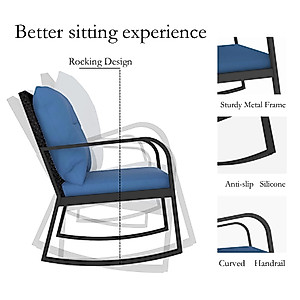 wallowsun 3 Pieces Outdoor Rocking Bistro Set,Patio Conversation Set w Thick Cushions and Glass-Top Table for Poolside Patio Garden(Blue)