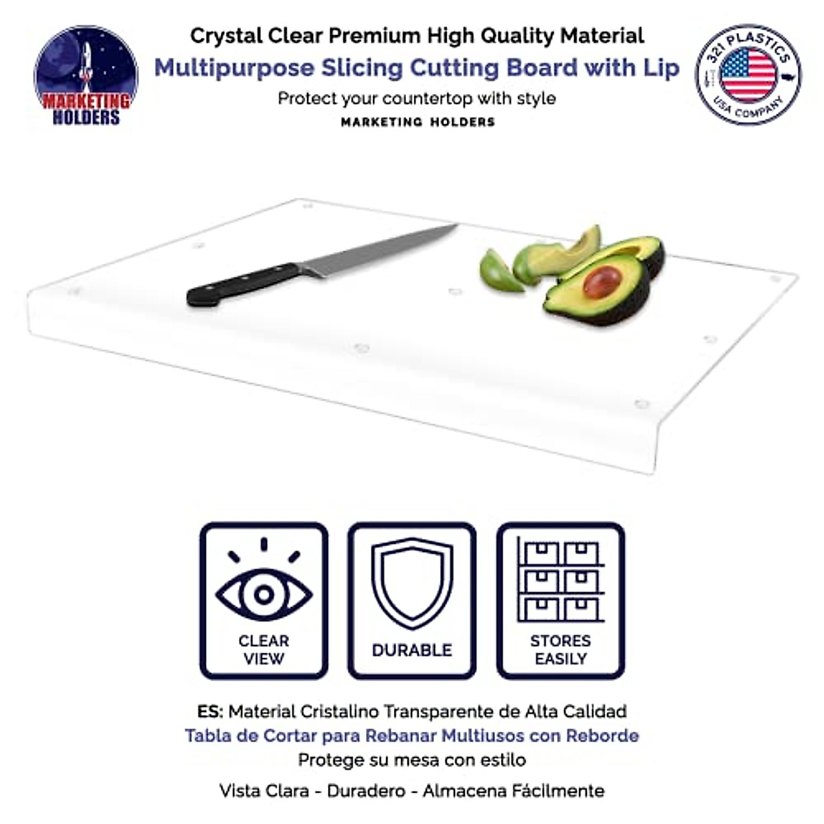 Clear Acrylic Cutting Board 24" x 18" with 1 Inch Lip Countertop Charcuterie Chopping Block and Several Rubber Bumpers by Marketing Holders