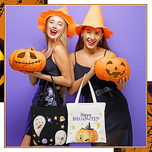 LEIFIDE 2 Pieces Halloween Bag Reusable Canvas Candy Bag Large Happy Halloween Pumpkin Bag Ghost Goody Bag for Halloween Party Favor Grocery Shopping, 12.99 x 12.6 Inch