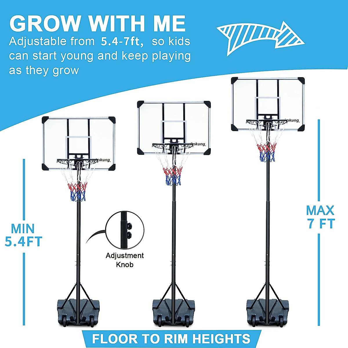 aokung Portable Basketball Hoop Stand w/Wheels for Kids Youth Adjustable Height 5.4ft - 7ft Use for Indoor Outdoor and Poor Basketball Goals Play Set