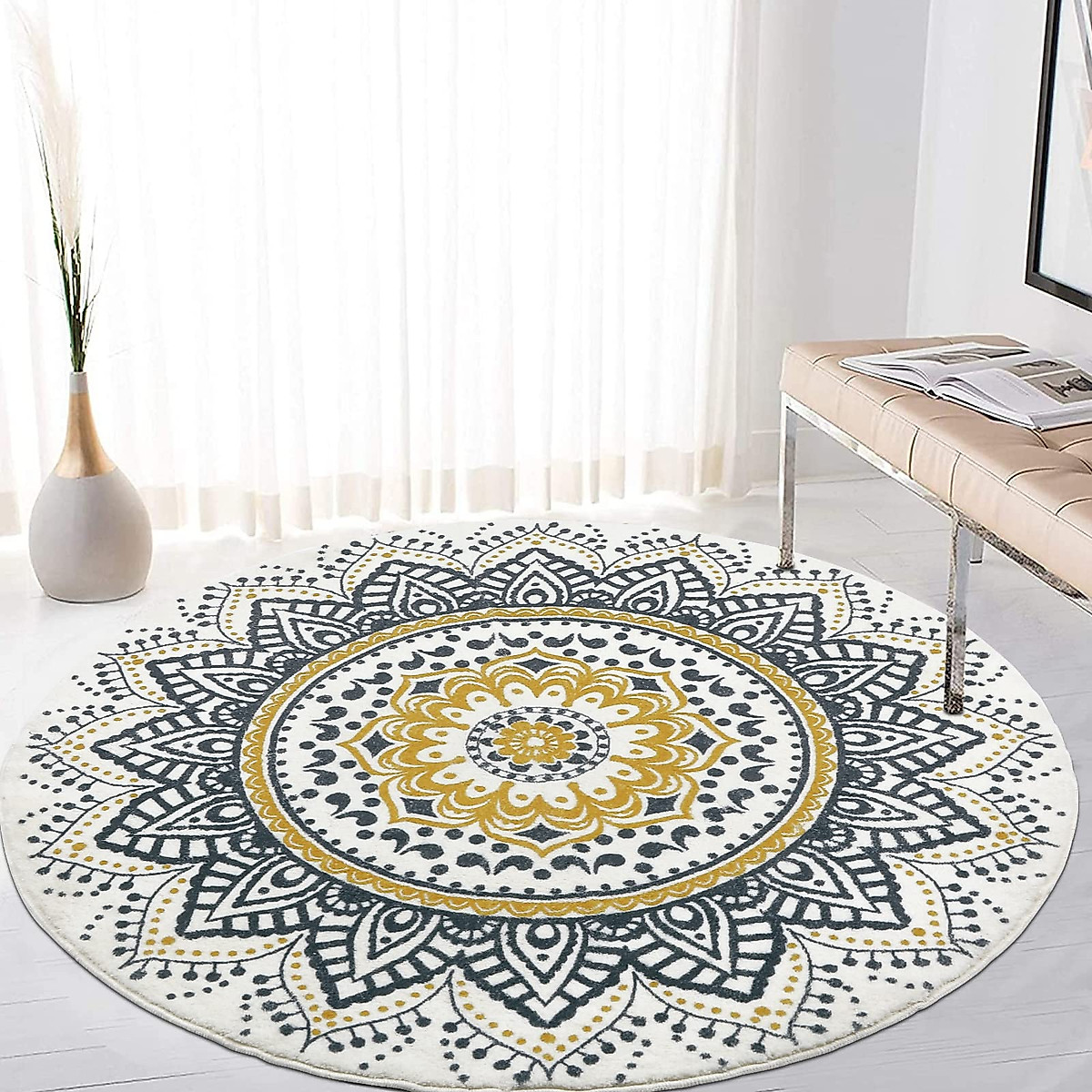 HEBE Boho Round Rugs 4Ft Washable Non Slip Round Area Rug Throw Soft Cute Round Nursery Rug Soft Fluffy Bathroom Rug Circle Rug for Bedroom Dorm Kids Room Nursery