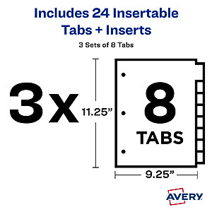 Avery 8-Tab Plastic Pocket Dividers for Home Office or Homeschool Supplies, Insertable Multicolor, 3 Sets (11907)