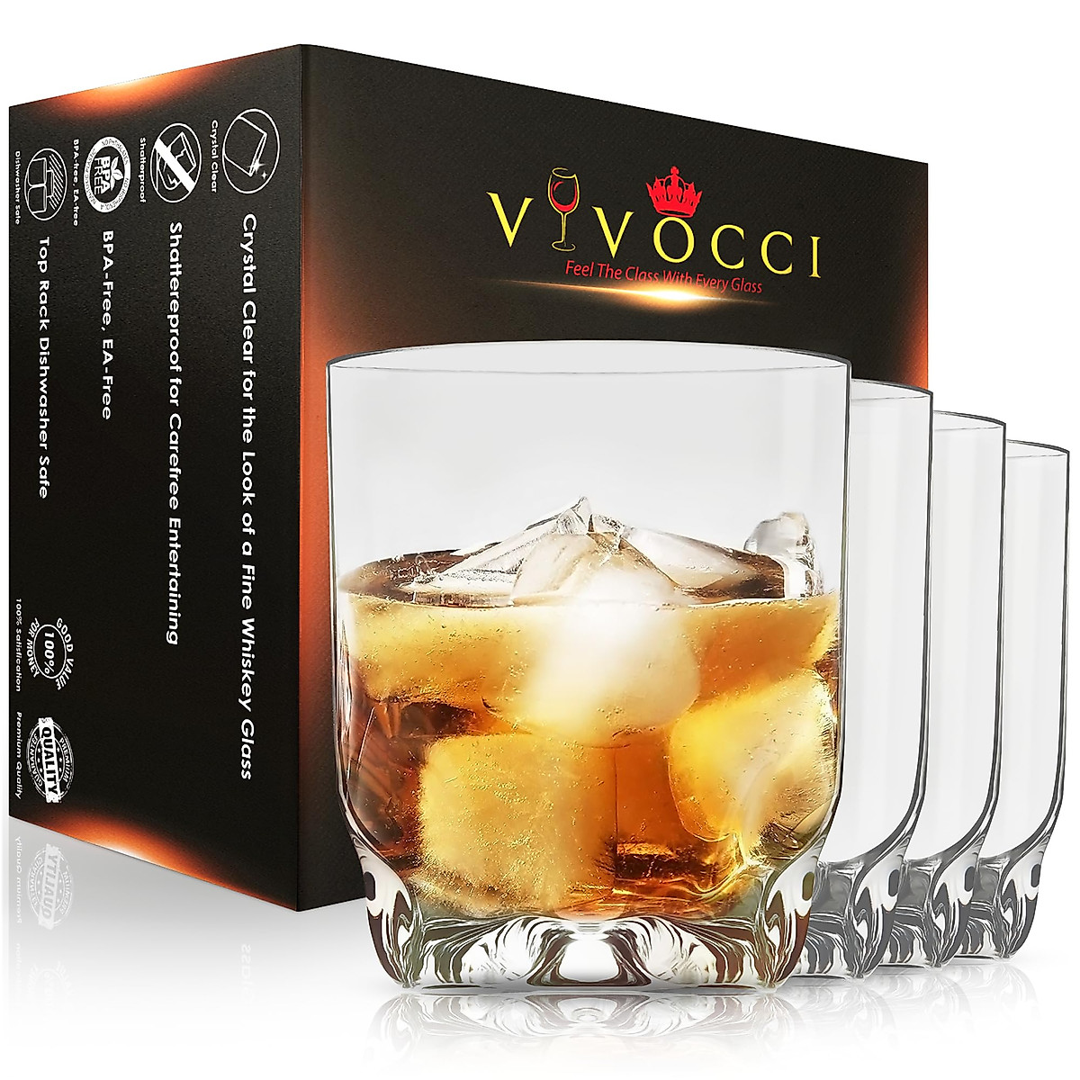 Vivocci Unbreakable Tritan Plastic 12.5 oz Whiskey & Double Old Fashioned Bar Glasses - Thumb Indent Heavy Base - Ideal for Bourbon & Scotch - Upscale Men's Gift - Dishwasher Safe Barware - Set of 4