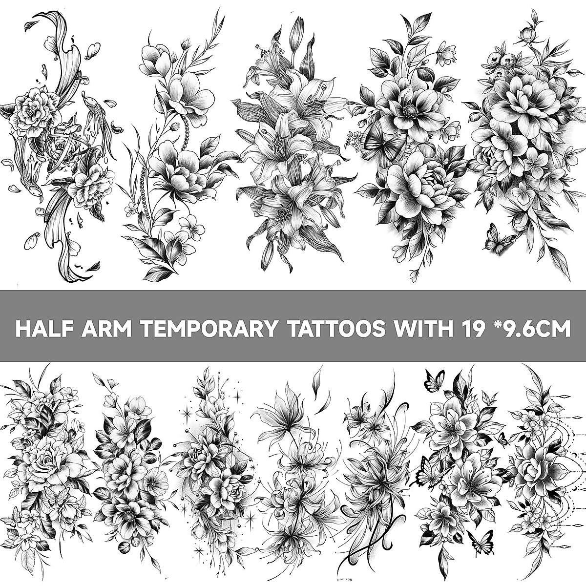 EMOME 12 Sheets Half Arm Flowers Temporary Tattoos for Women,Fake Tattoos That Look Real and Last Long, Large Body Marker Tattoos and Hand Tattoo Stickers for Adults Girls Neck Arm