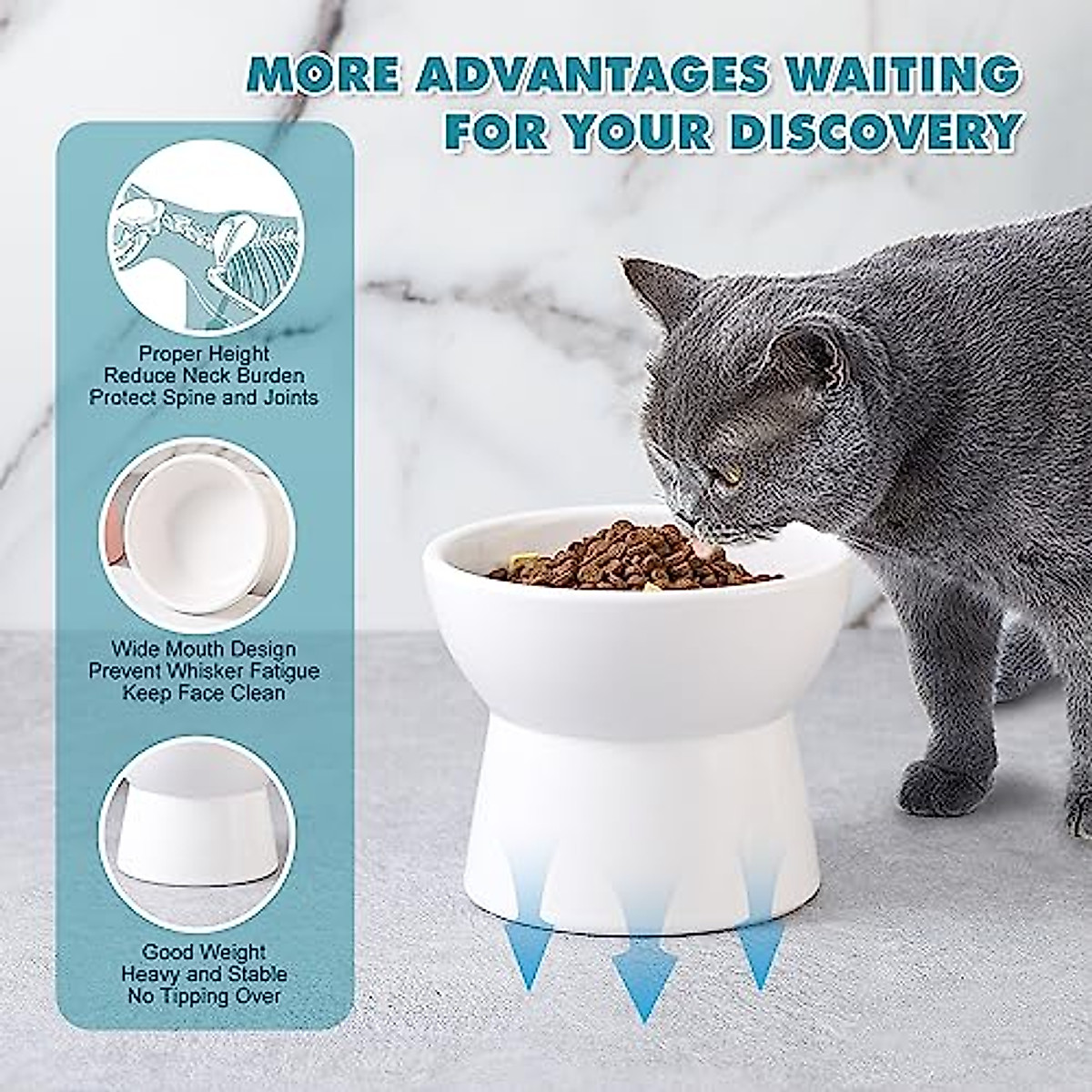 Elevated Cat Water Bowl - Raised Ceramic Cat Food Dish - Anti Vomiting - Extra Wide Whisker Friendly - Microwave & Dishwasher Safe - 6.1 inch - 18.5 oz - 550 ml