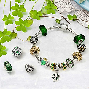 Bling Jewelry Mixed Set Bundle .925 Sterling Silver Murano Glass Good Luck Celtic Shamrock Irish Green Clover Knot Claddagh Charm Bead Spacer Fits European Bracelet For Women Teen
