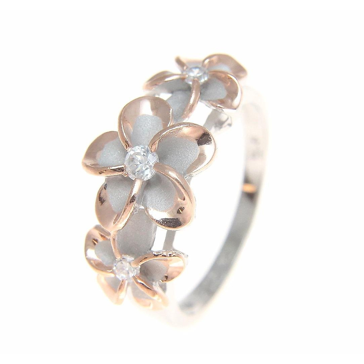Arthur's Jewelry Sterling silver 925 Hawaiian 3 plumeria flower cz ring rhodium and pink rose gold plated size 8