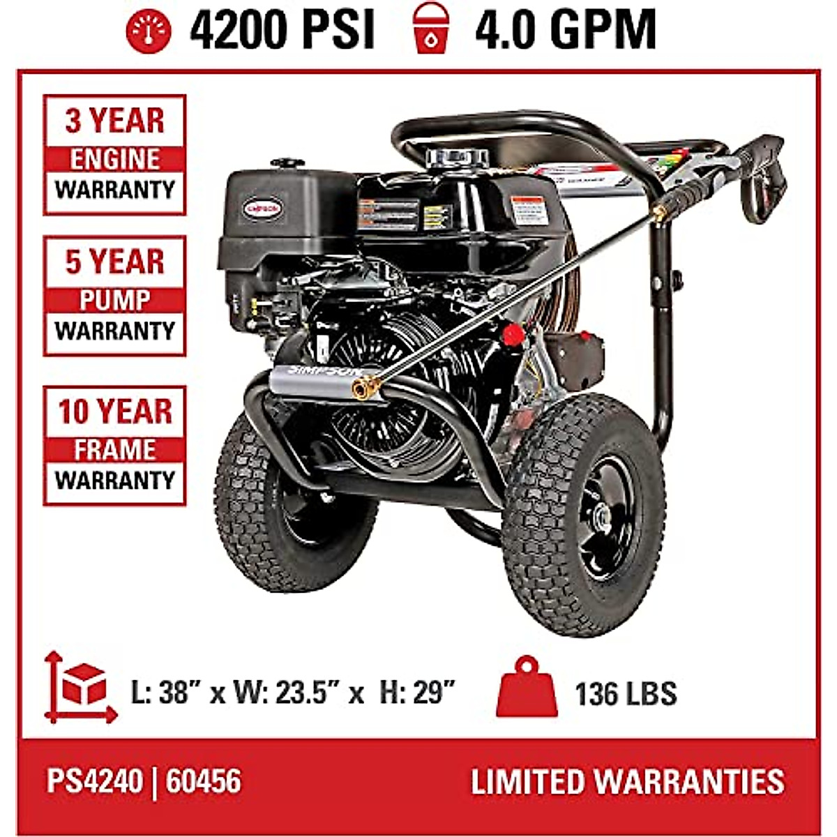 SIMPSON Cleaning PS4240 PowerShot 4200 PSI Gas Pressure Washer, 4.0 GPM, Honda GX390 Engine, Includes Spray Gun, 5 QC Nozzle Tips, 3/8-inch x 50-foot Monster Hose, (49-State)